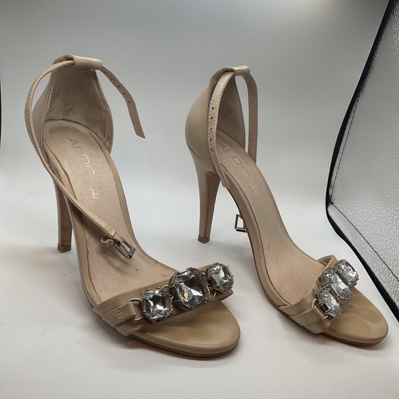 Aldo | Shoes | Aldo Peep Toe Rhinestone 4 Heels Tan Ladies Size 75 ...